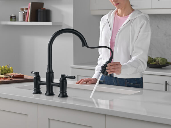 Two Handle Pull-Down Bridge Kitchen Faucet in Matte Black 2384L-BL-DST ...